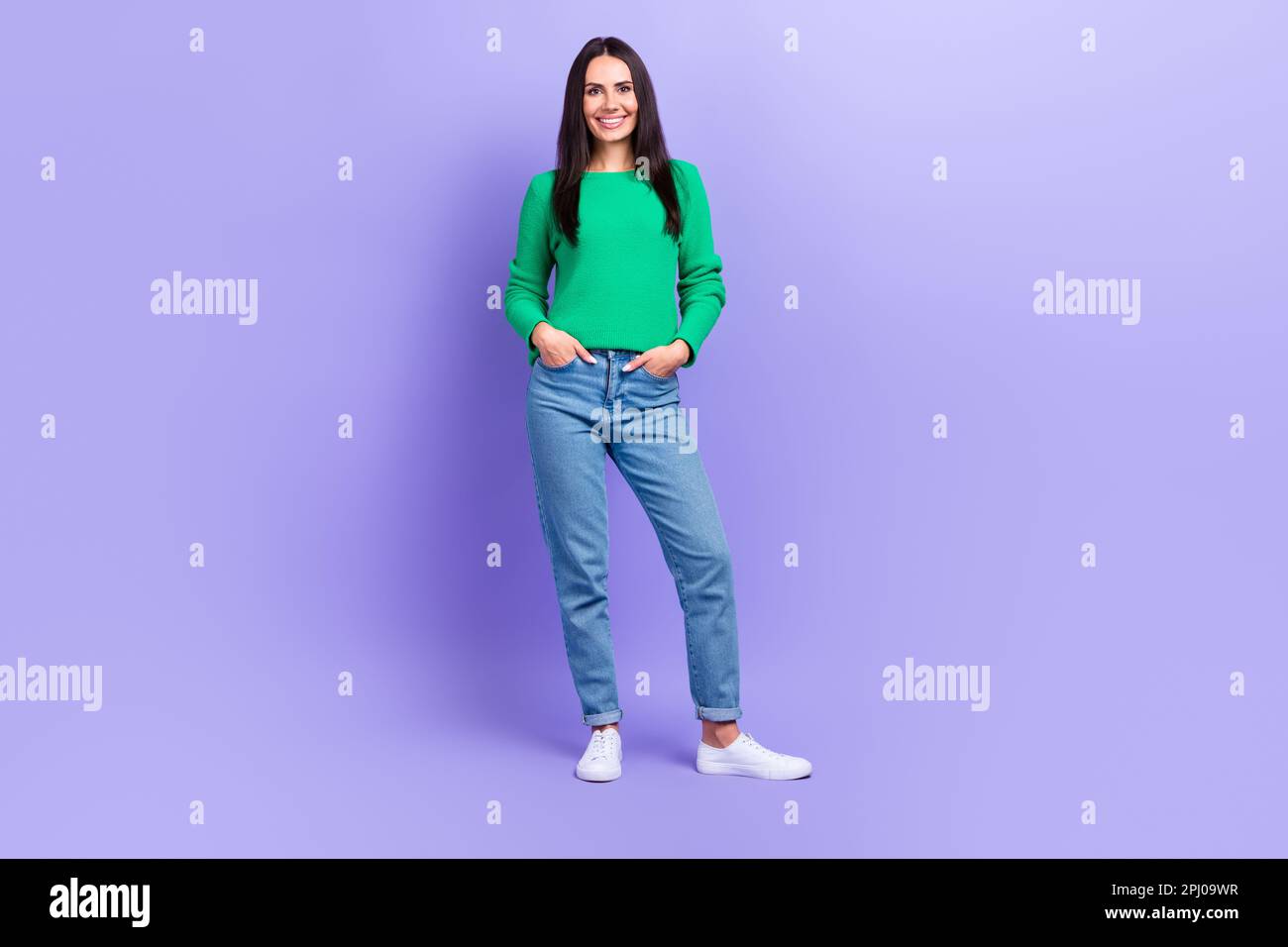 Full length photo of stunning lady promoting new clothes collection ...