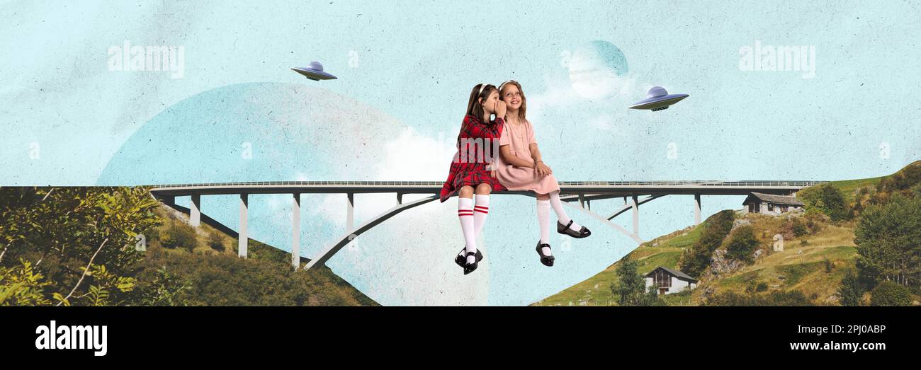 Beautiful little girls sitting on bridge and whispering secrets over ...