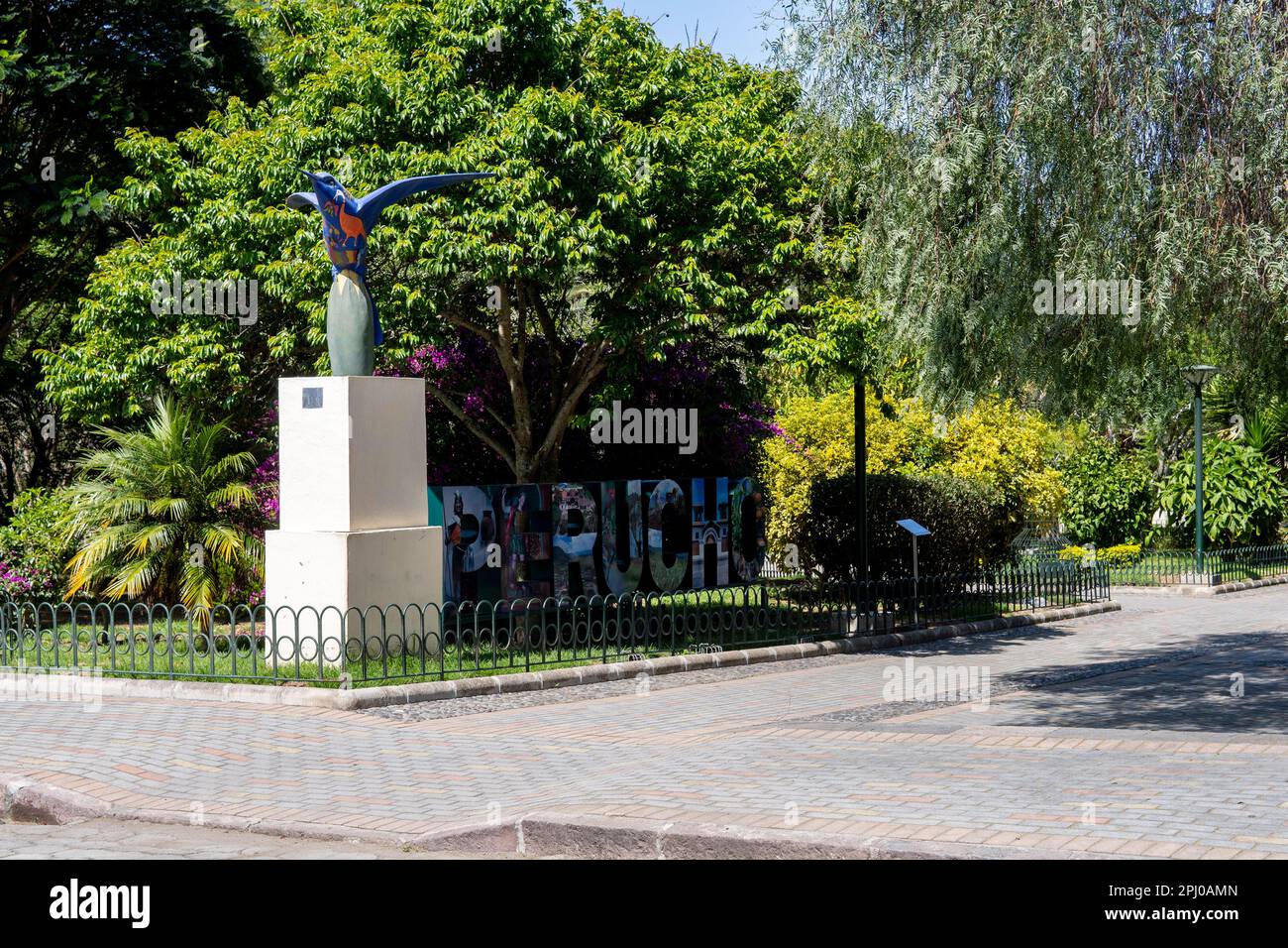 Perucho, Pichincha, Ecuador, Febrero 3, 2023. Hummingbird monument with ...