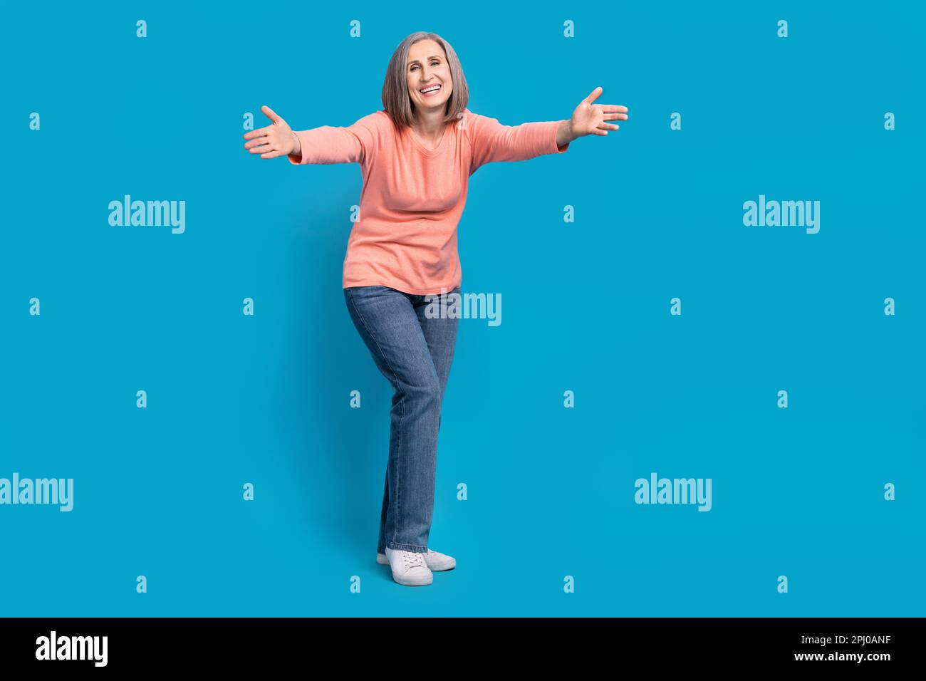 Full body length photo of friendly old woman peaceful want hugs meeting ...