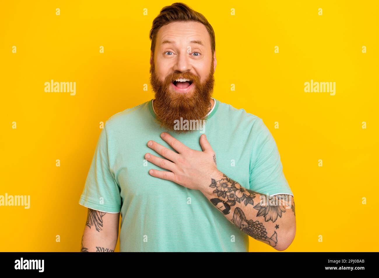 Photo of astonished satisfied man arm touch chest open mouth isolated ...