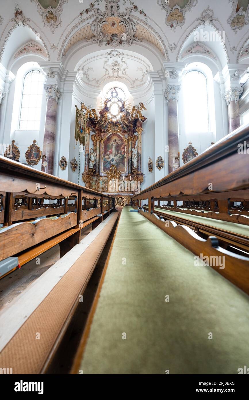 Side view of the historic parish church of St. Andreas, Nesselwang ...