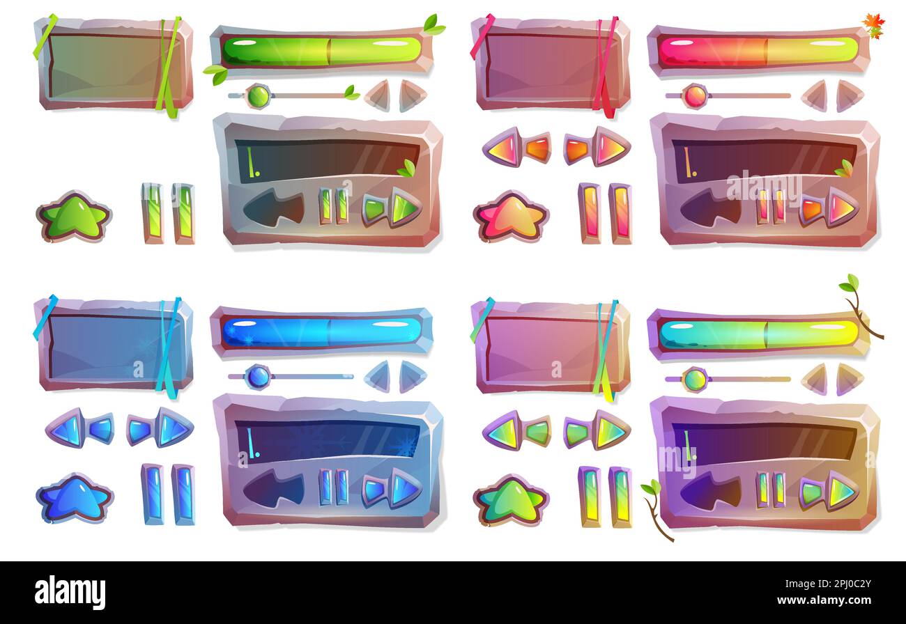 Cartoon stone texture of game buttons gui or ui design elements. Set menu boards, star keys ...