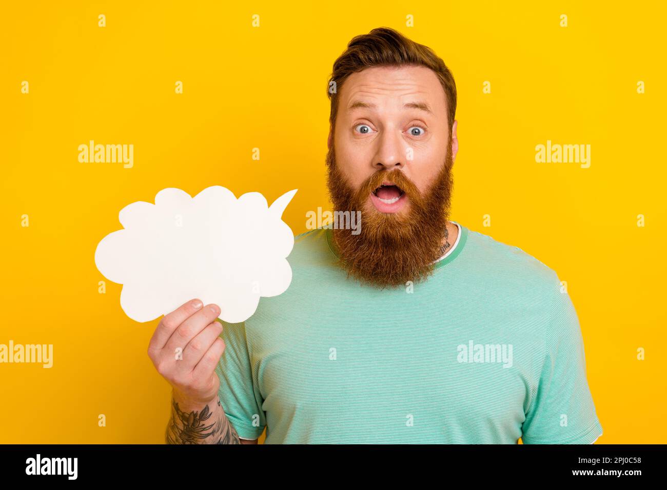 Photo of funny speechless unbelievable young man brutal redhair beard ...