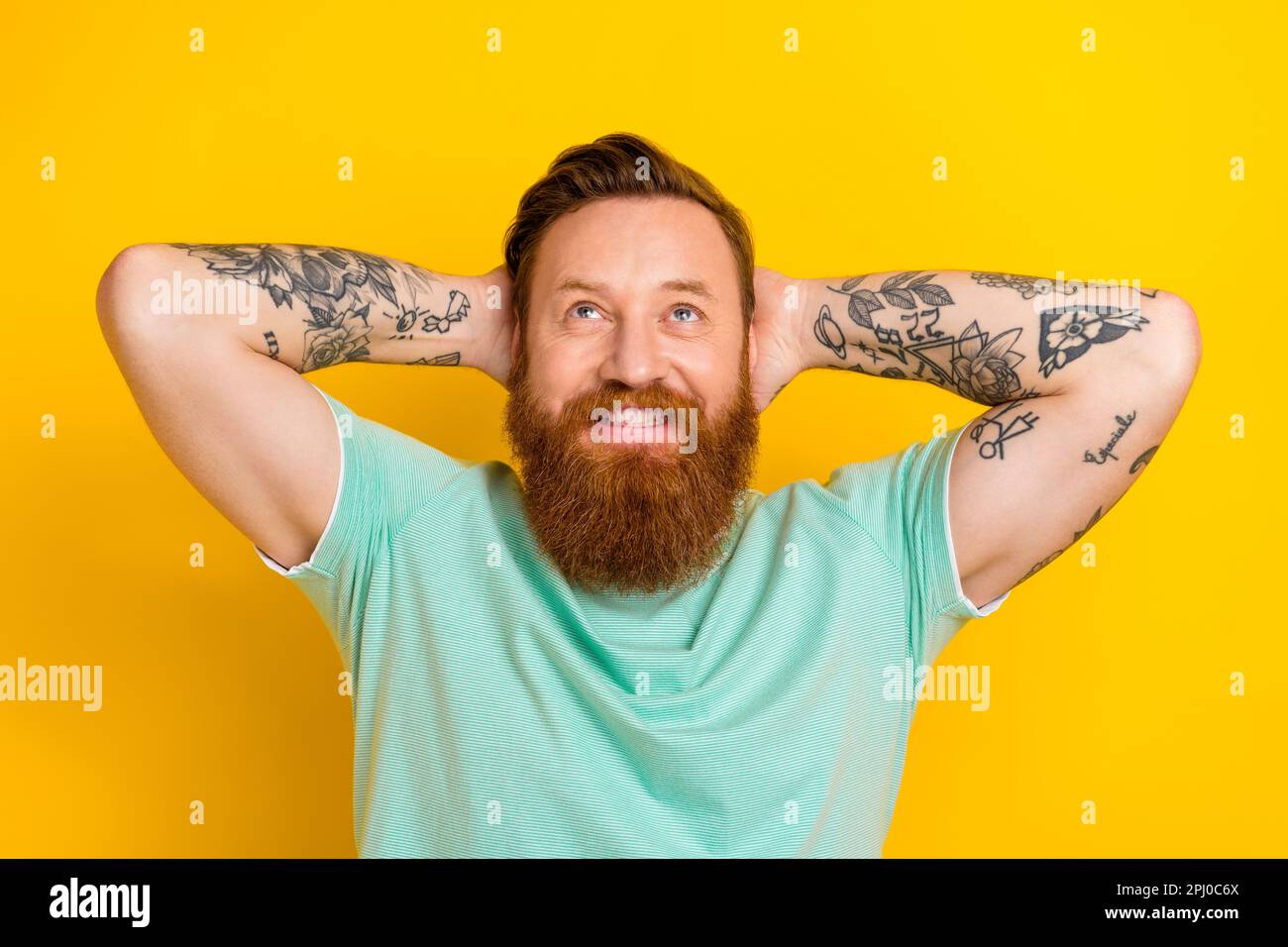 Closeup photo of cozy chilling funky guy red hair beard take nap hands ...