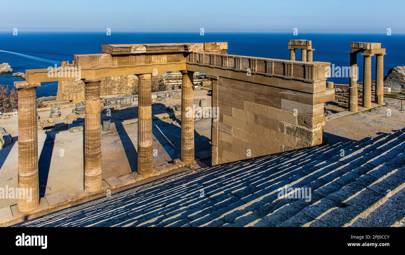 Grand staircase with remains of the portico, Acropolis of Lindos ...