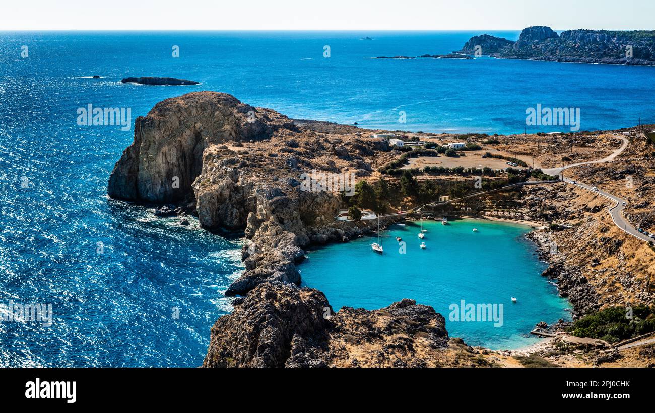 View from the Acropolis to Paul Bay in Lindos, Rhodes, Greece Stock ...