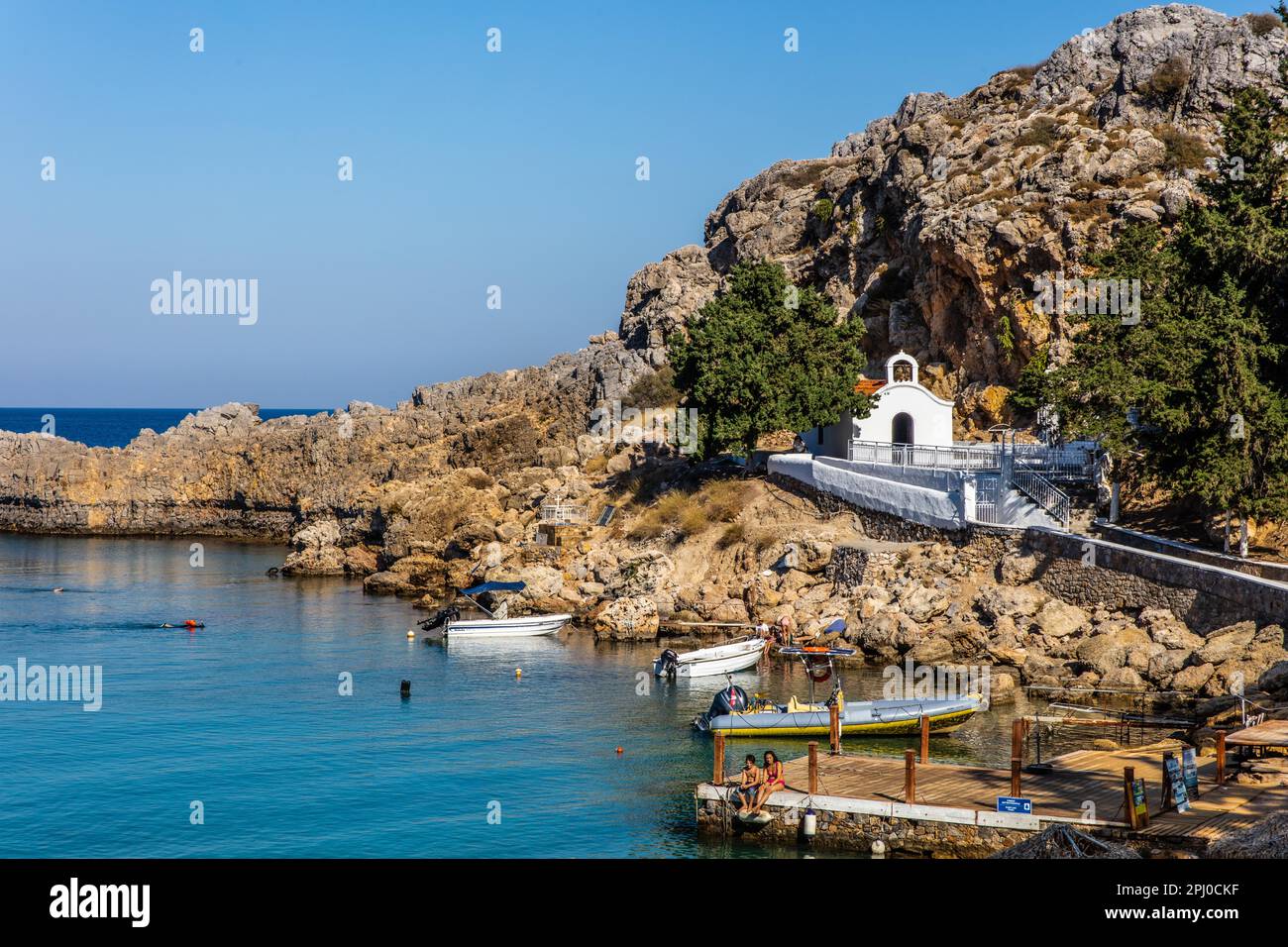 St Pauls Bay in Lindos with Chapel, Rhodes, Greece Stock Photo - Alamy