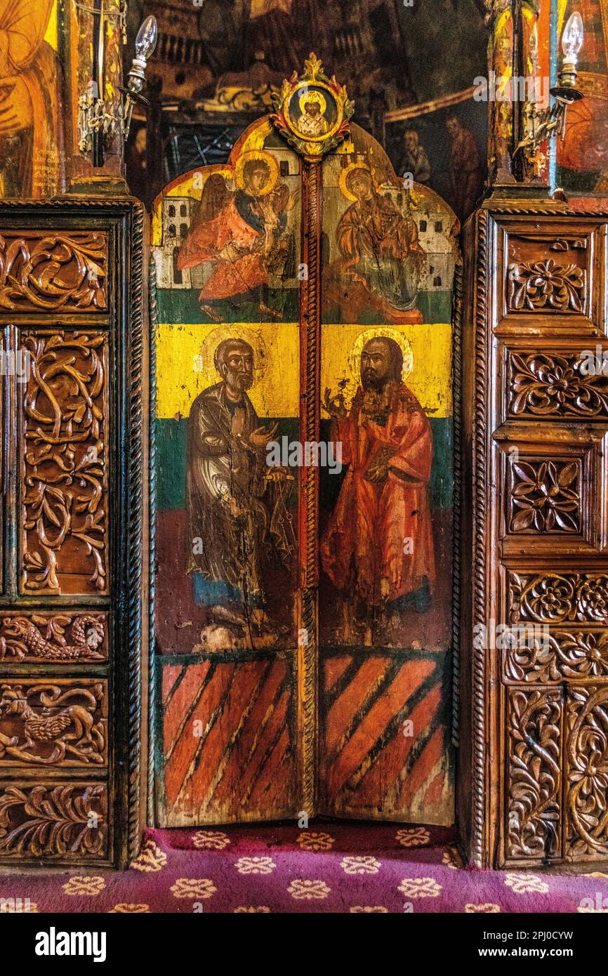 Carvings and paintings on the iconostasis, cross-domed church Kimissis ...