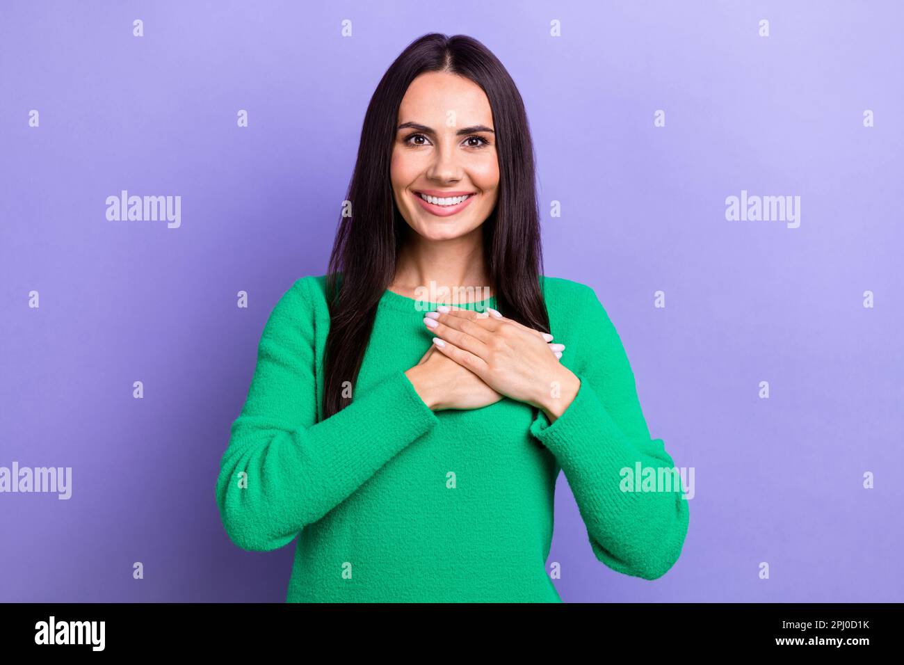 Photo of cute sweet woman wear green pullover smiling arms chest ...
