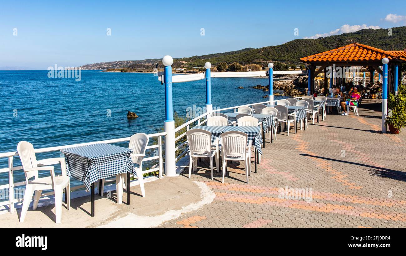 Fish restaurant, small fishing port Kamiros Skala, Rhodes, Greece Stock ...