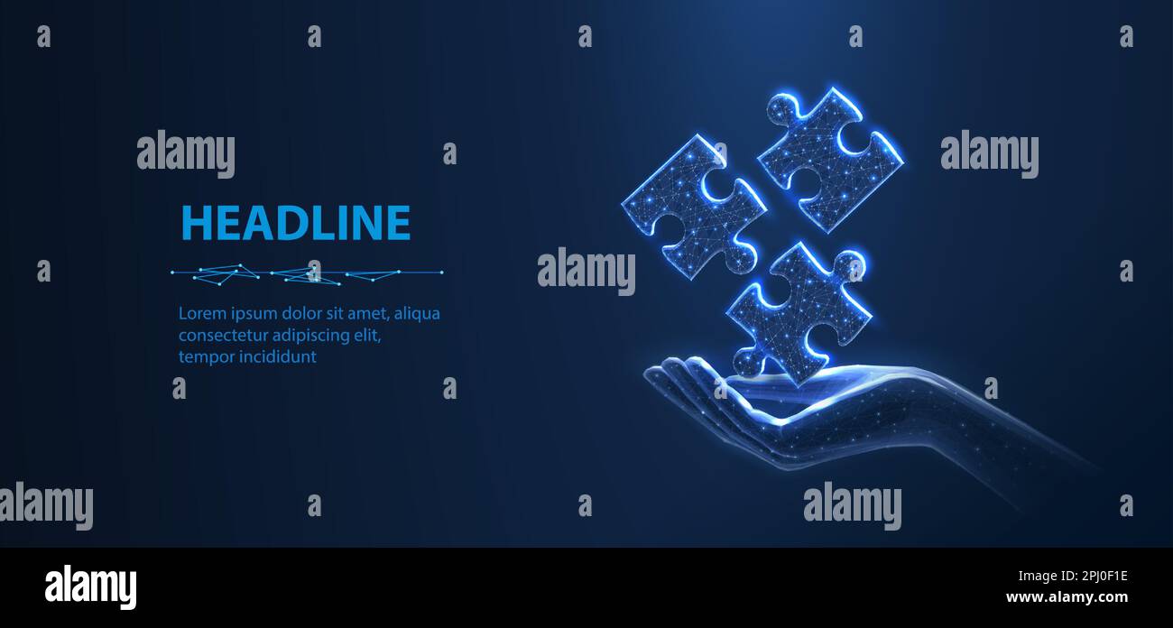 Three puzzles on blue. Digital solution, partners cooperate, matching ...