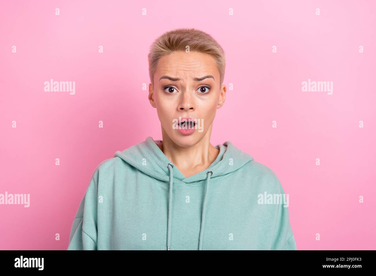 Photo portrait of lovely young lady scared astonished bad news open ...