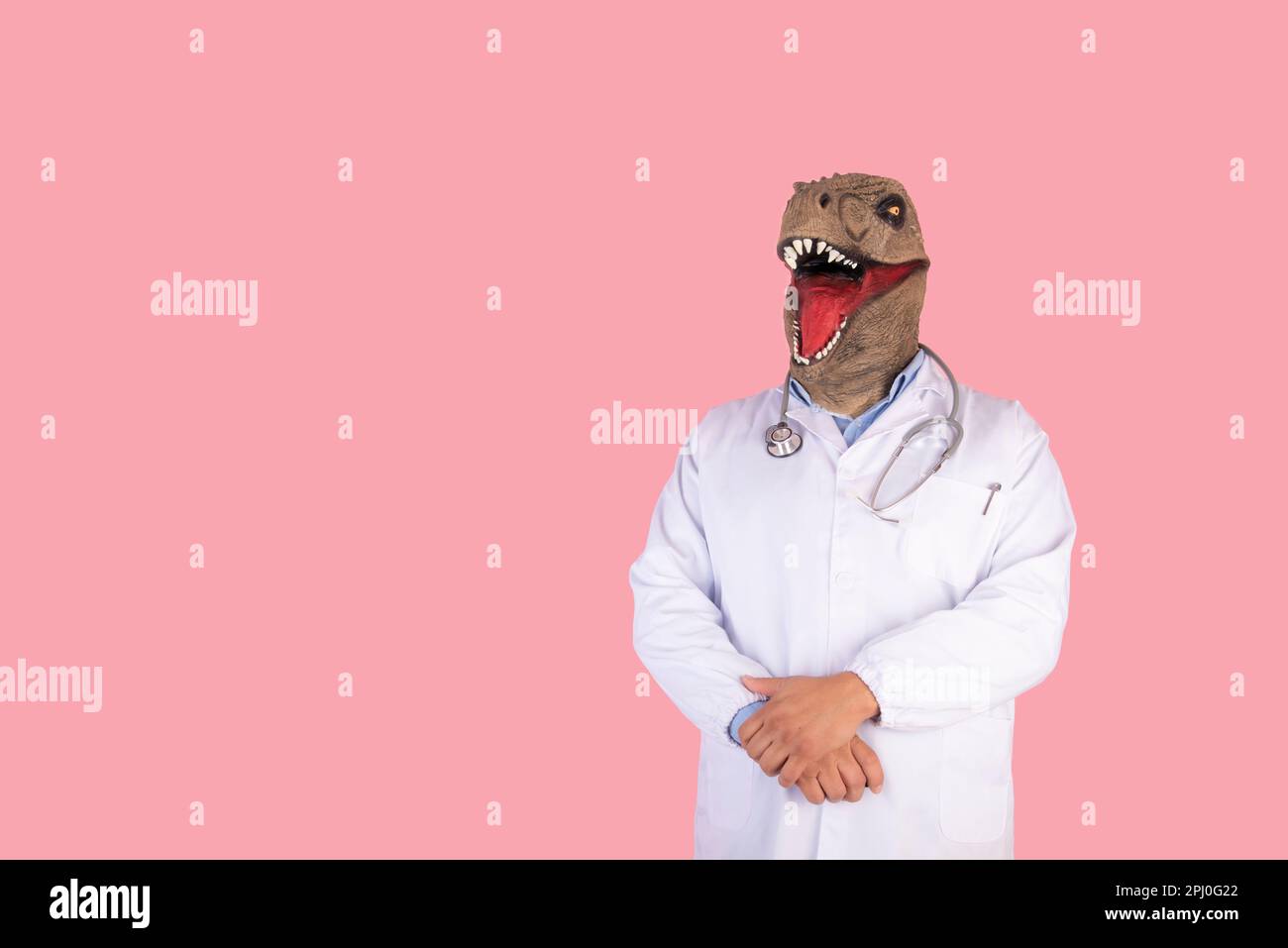 doctor with a dinosaur head on an isolated coral pink background Stock ...
