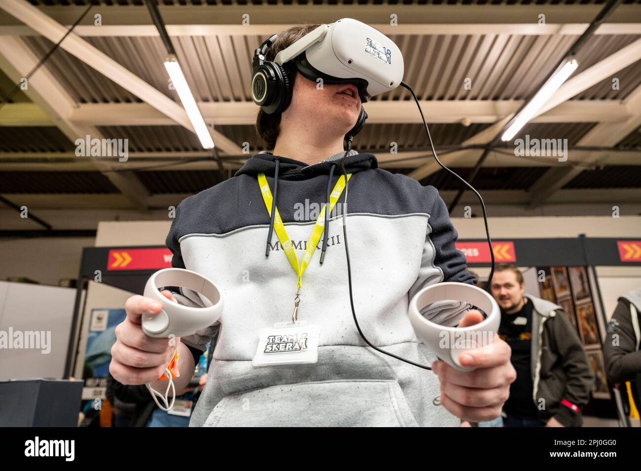 London, UK. 30 March 2023. A visitor plays the virtual reality game ...