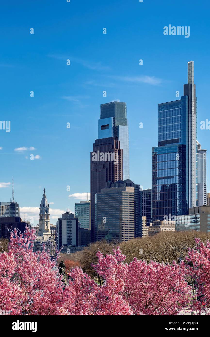 Philadelphia city skyline with spring flowers in spring sunny day Stock ...