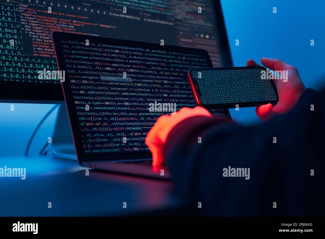 Man using computer and programming to break code. Cyber security threat. Internet and network ...