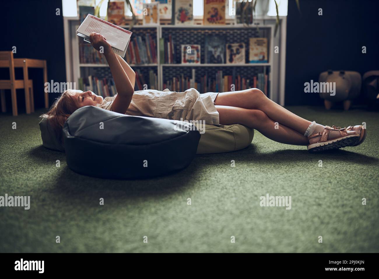 Schoolgirl reading book in school library. Primary school pupil is ...