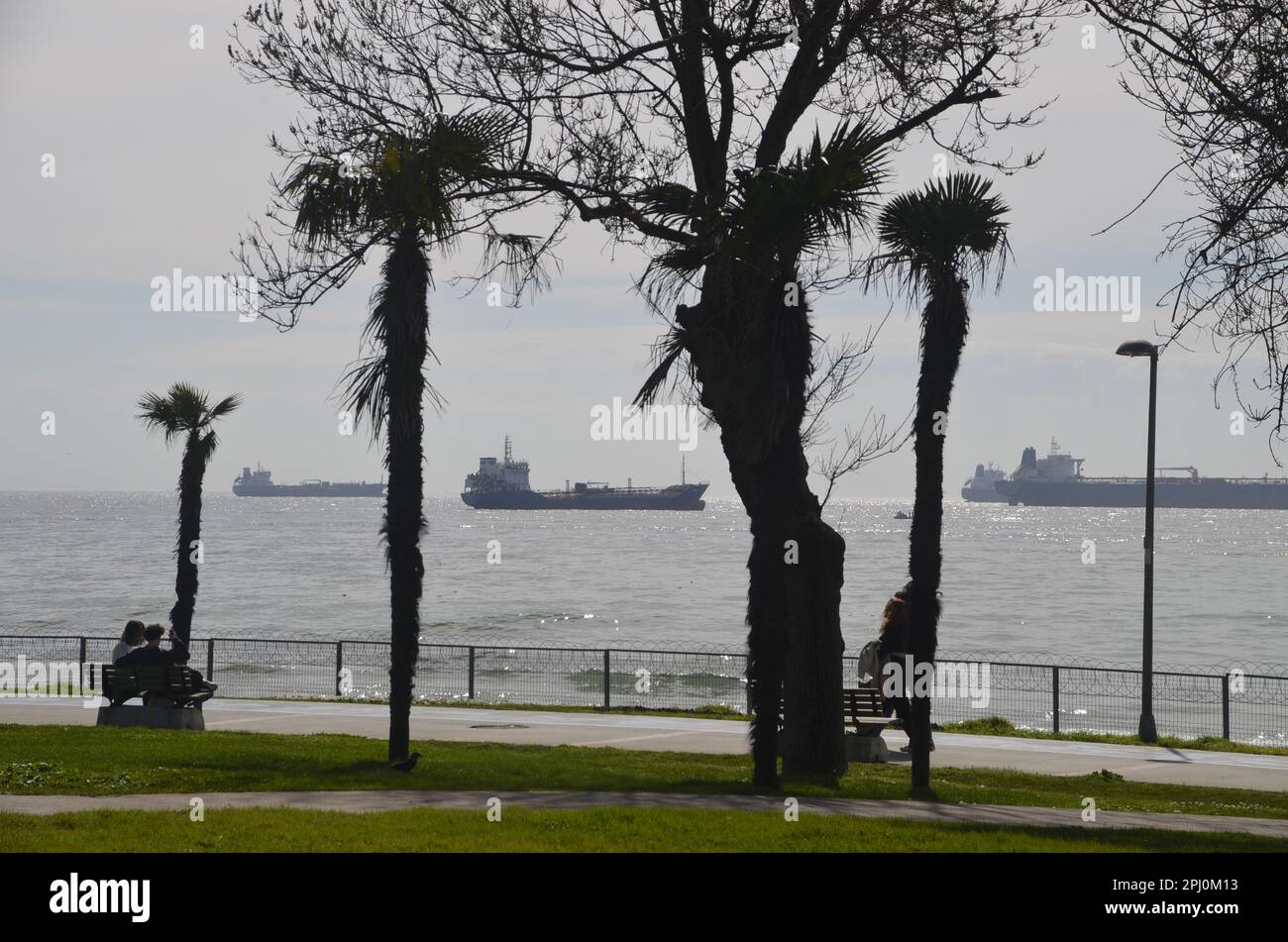 November, 2022 Florya Beach, Trees, Ships and People Turkey Istanbul ...