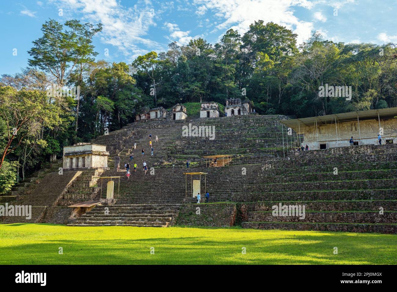 Tourists climbing the mayan pyramid of Bonampak, Chiapas rainforest ...