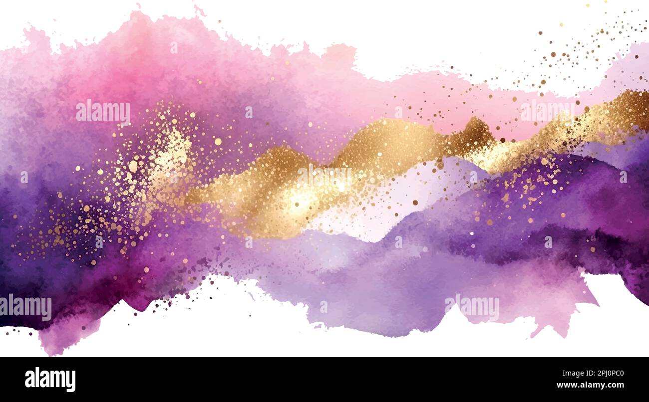 Mauve liquid watercolor background with golden glitter lines. Pastel ...