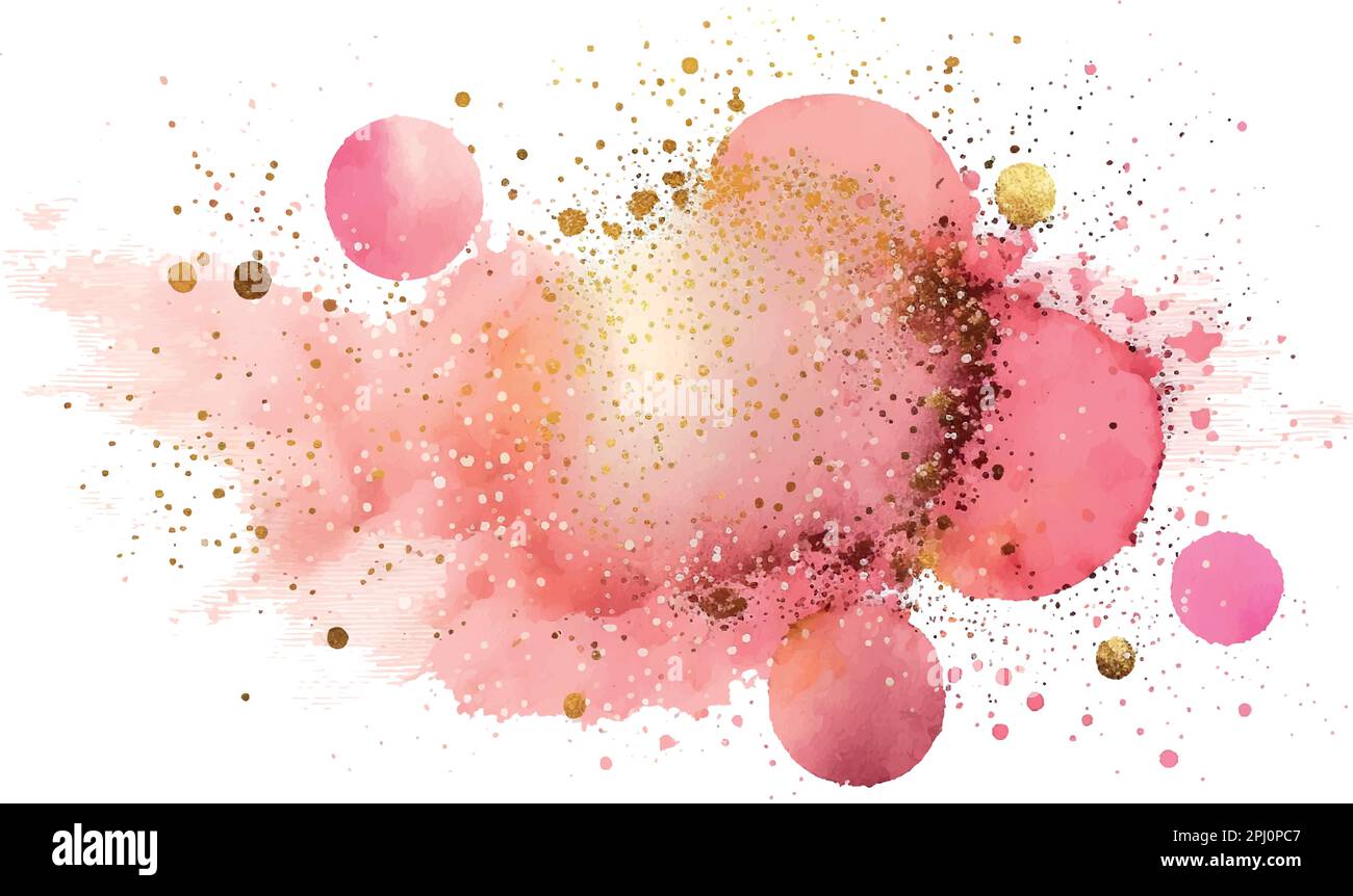 hand painted splash wet pink watercolor splash golden glitter Stock ...