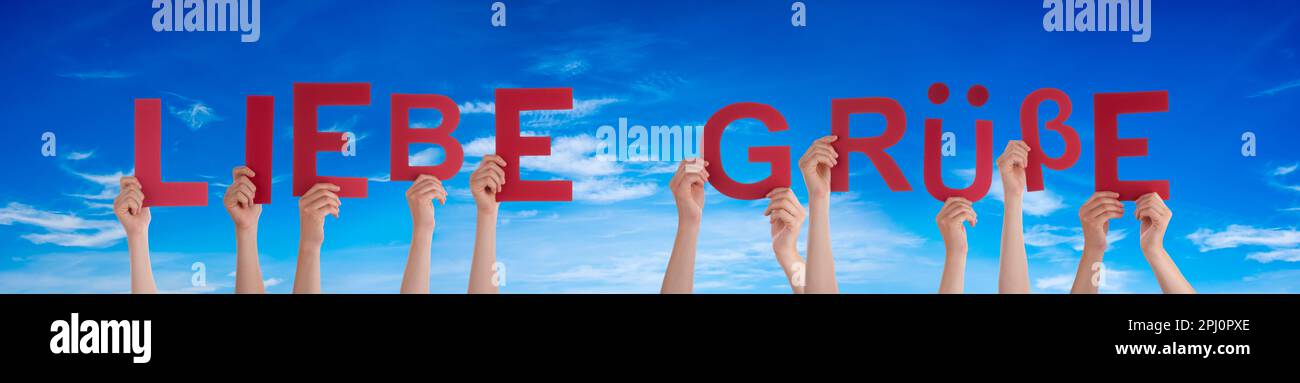 People Hands Building Word Liebe Gruesse Means Many Greetings, Blue Sky ...