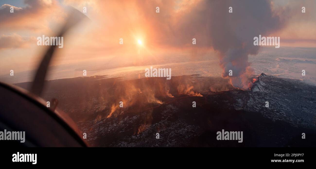 Flying over the Holuhraun Crater erupting in Iceland January 2015. A ...