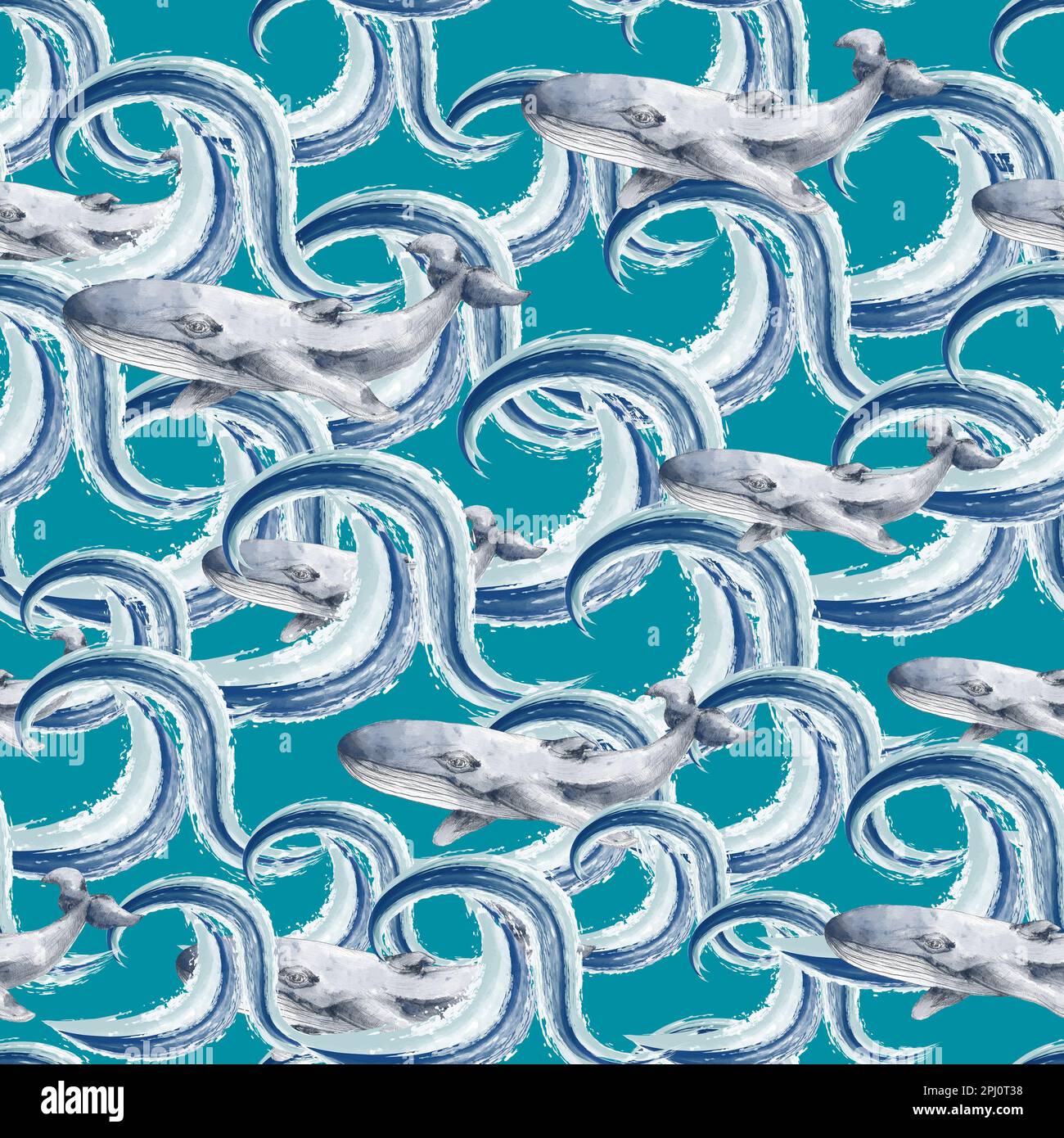 Hand drawn whale and waves seamless pattern. Wild whales background ...