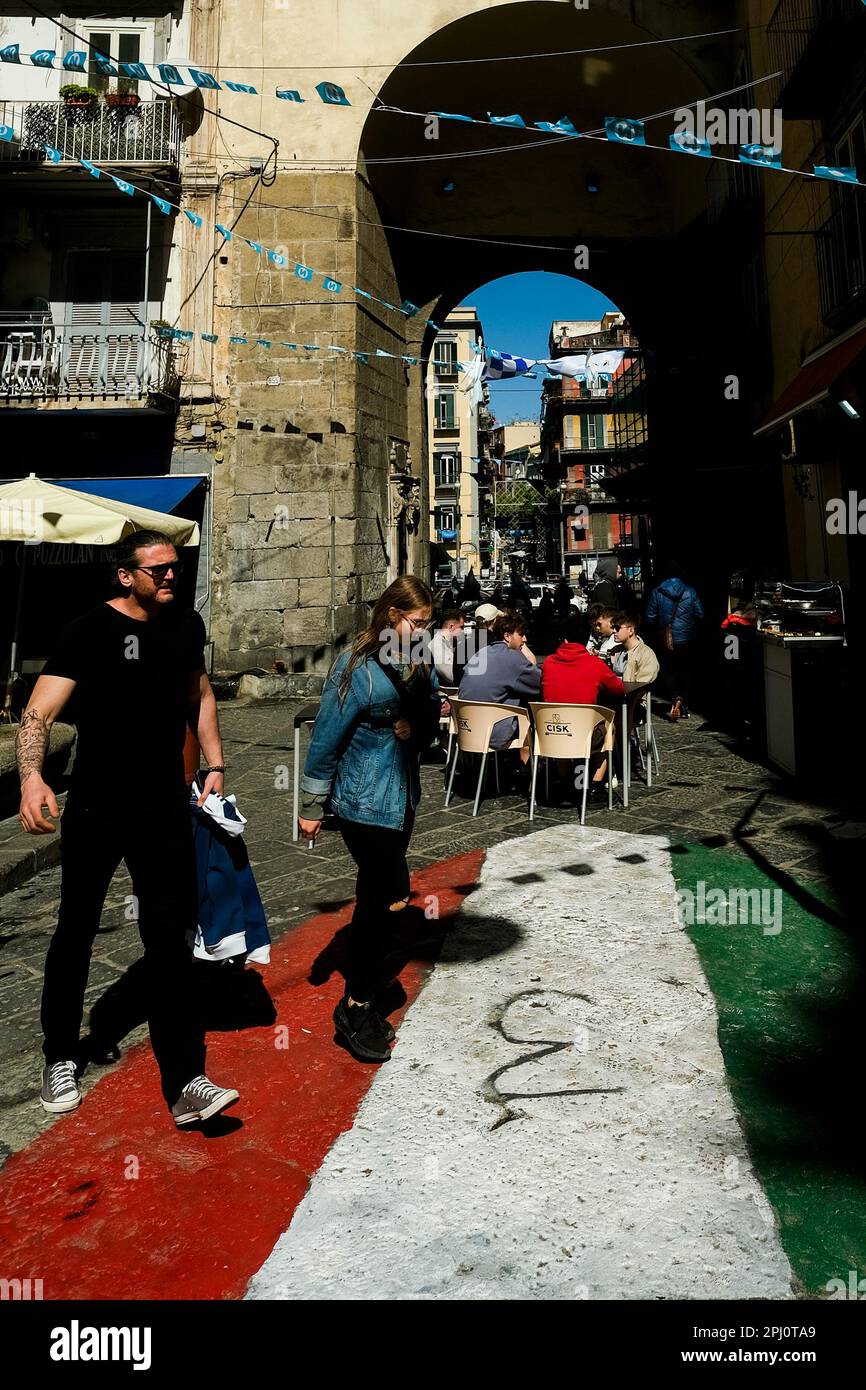 Banners and ribbons with the colors of the SSC Napoli soccer team and ...