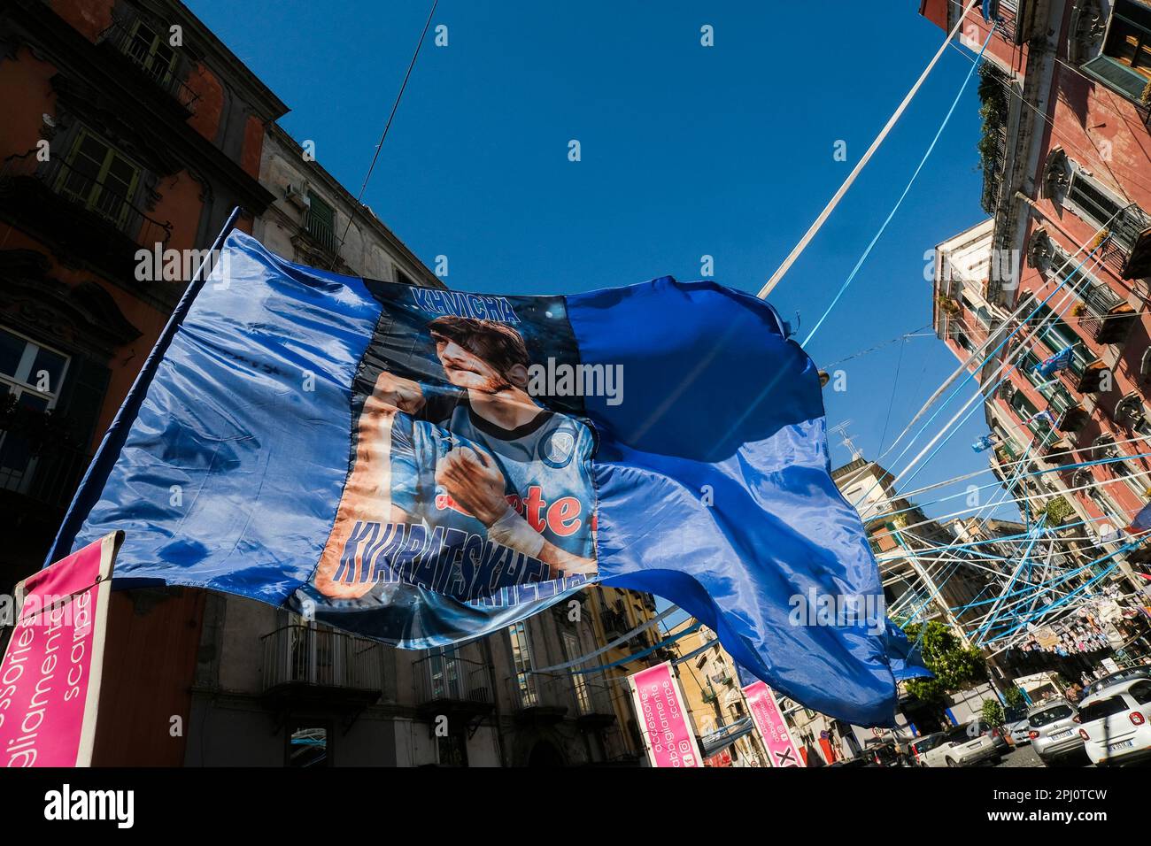 Waving flags of SSC NapoliÕs forward Khvicha Kvaratskhelia are ...