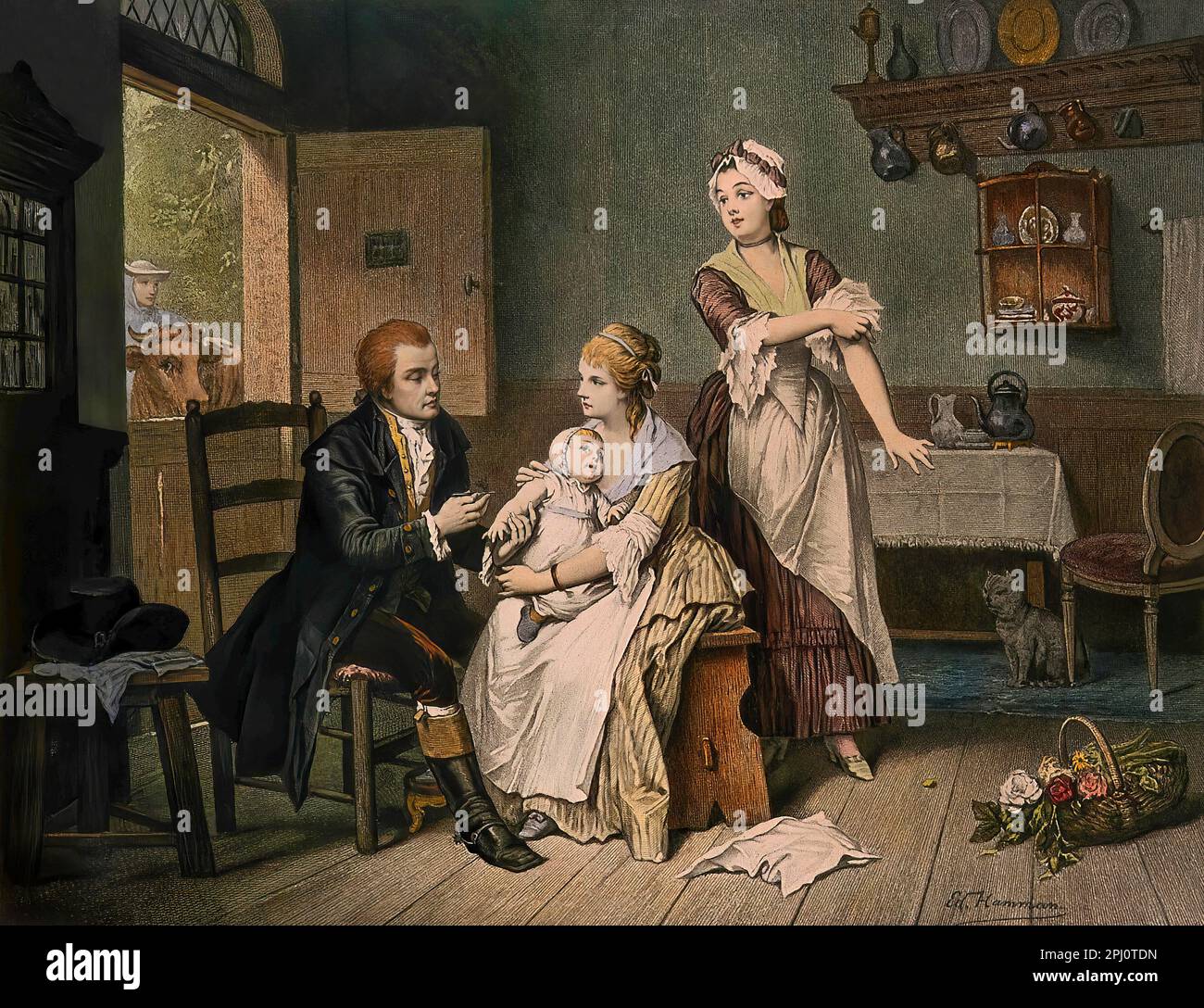 Edward Jenner, English physician, vaccinating his son held by his wife ...