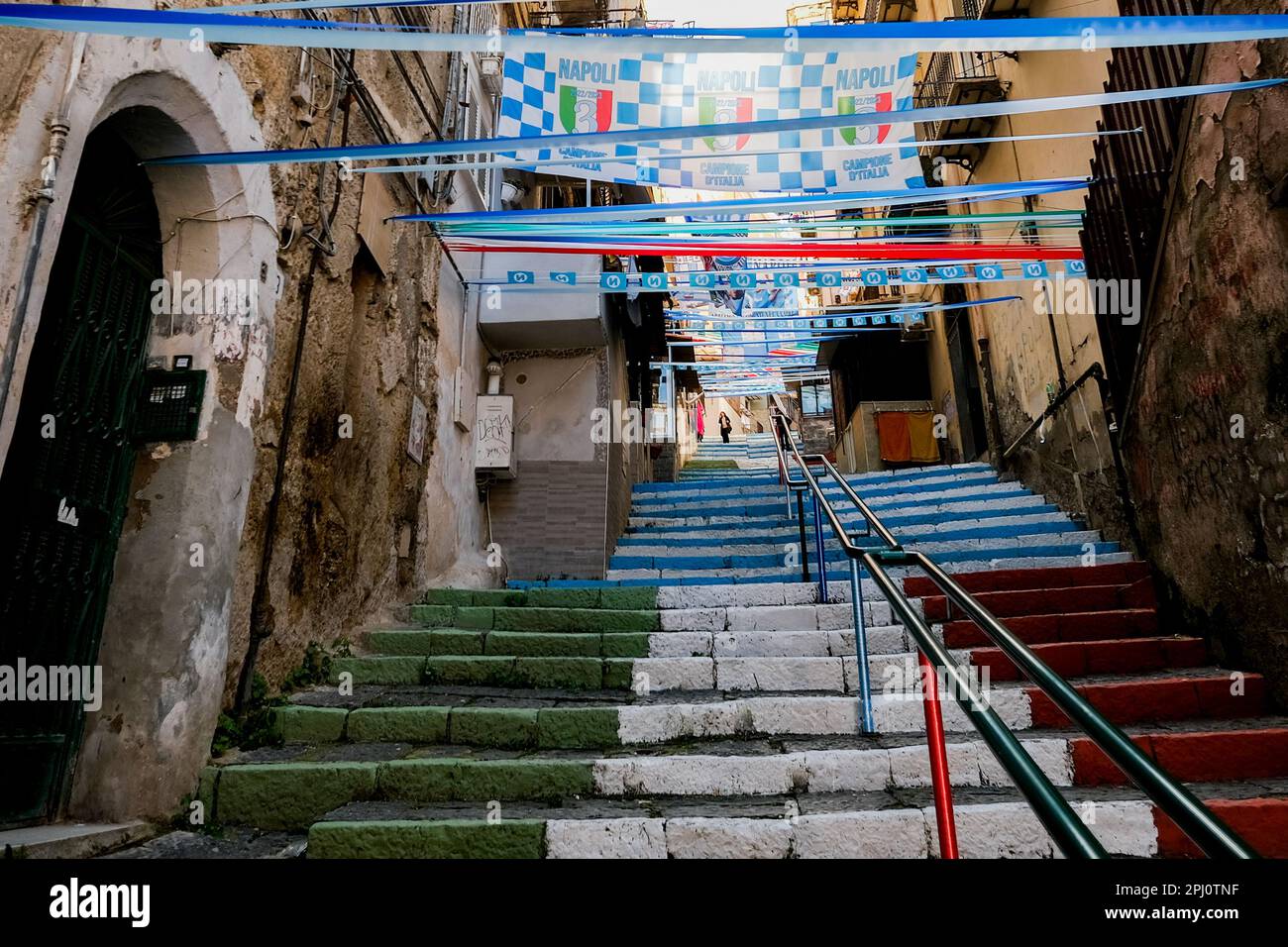 Banners and ribbons with the colors of the SSC Napoli soccer team and ...