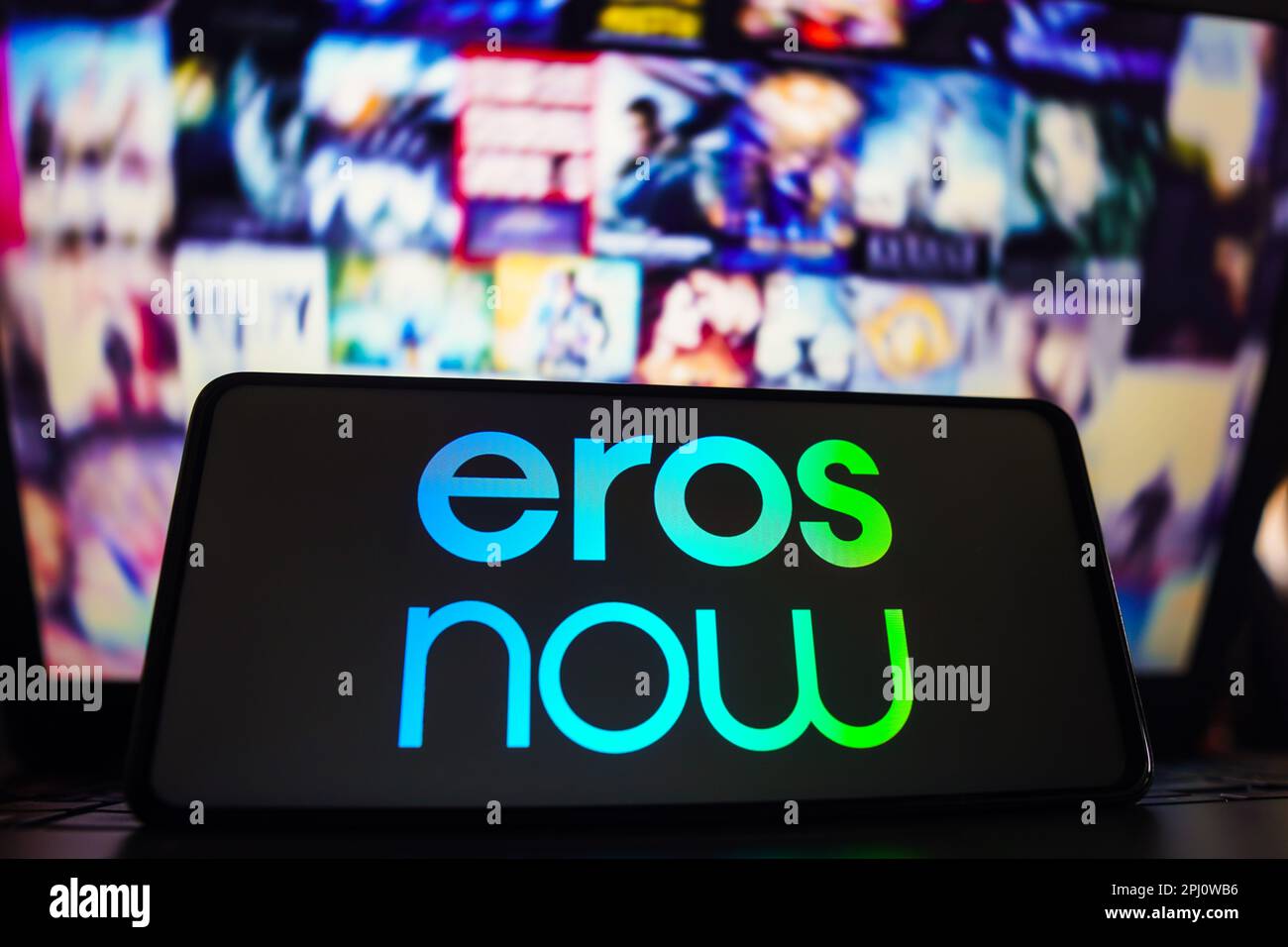 In this photo illustration, the Eros Now logo is displayed on a smartphone screen Stock Photo ...