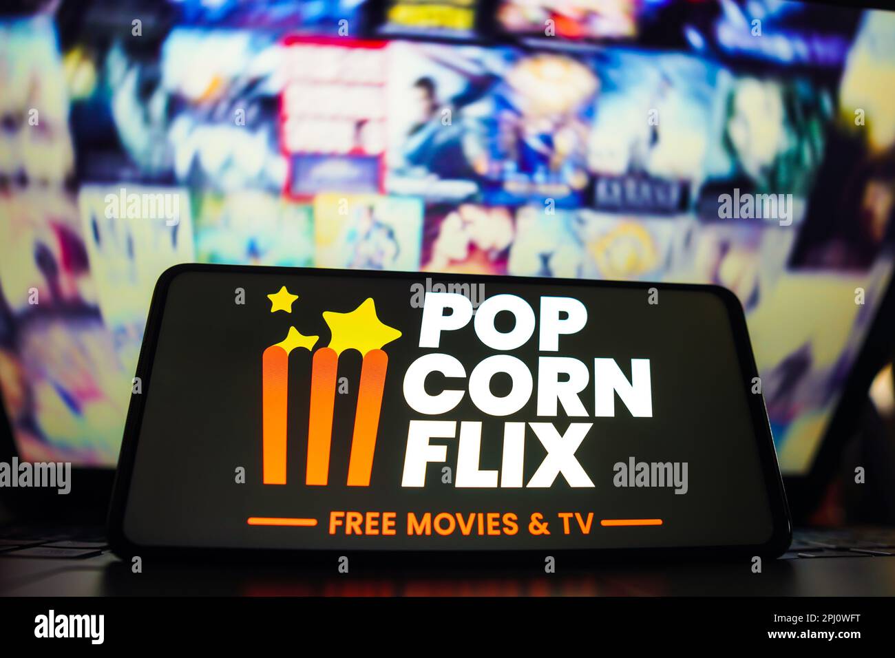 In this photo illustration, the PopcornFlix logo is displayed on a ...