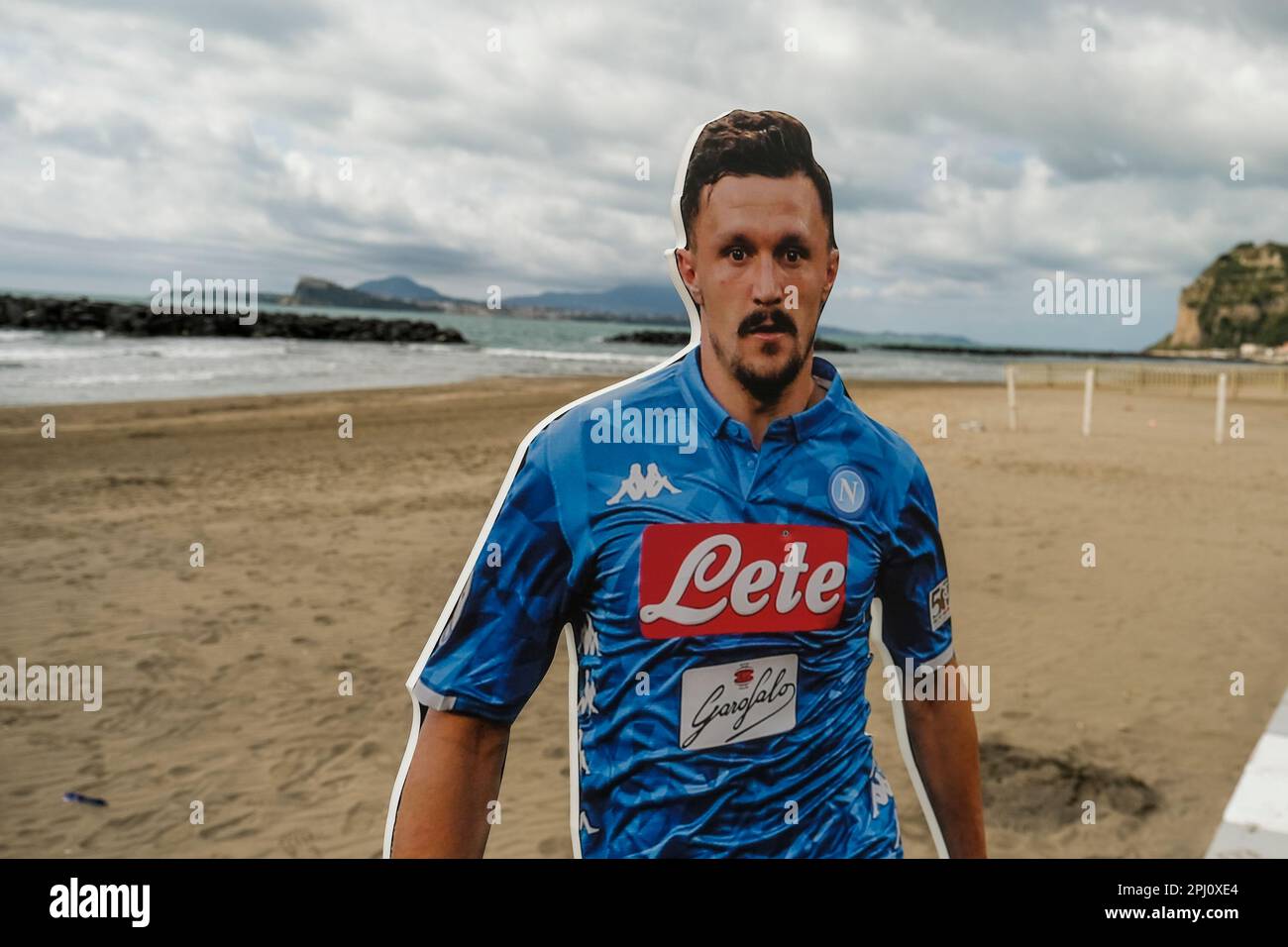 Silhouettes of SSC Napoli players are displayed on the beach at Bacoli ...