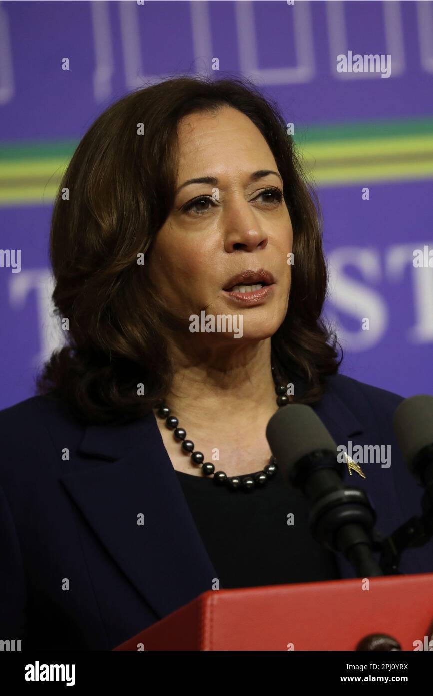 U.S Vice President Kamala Harris addresses a news conference following ...