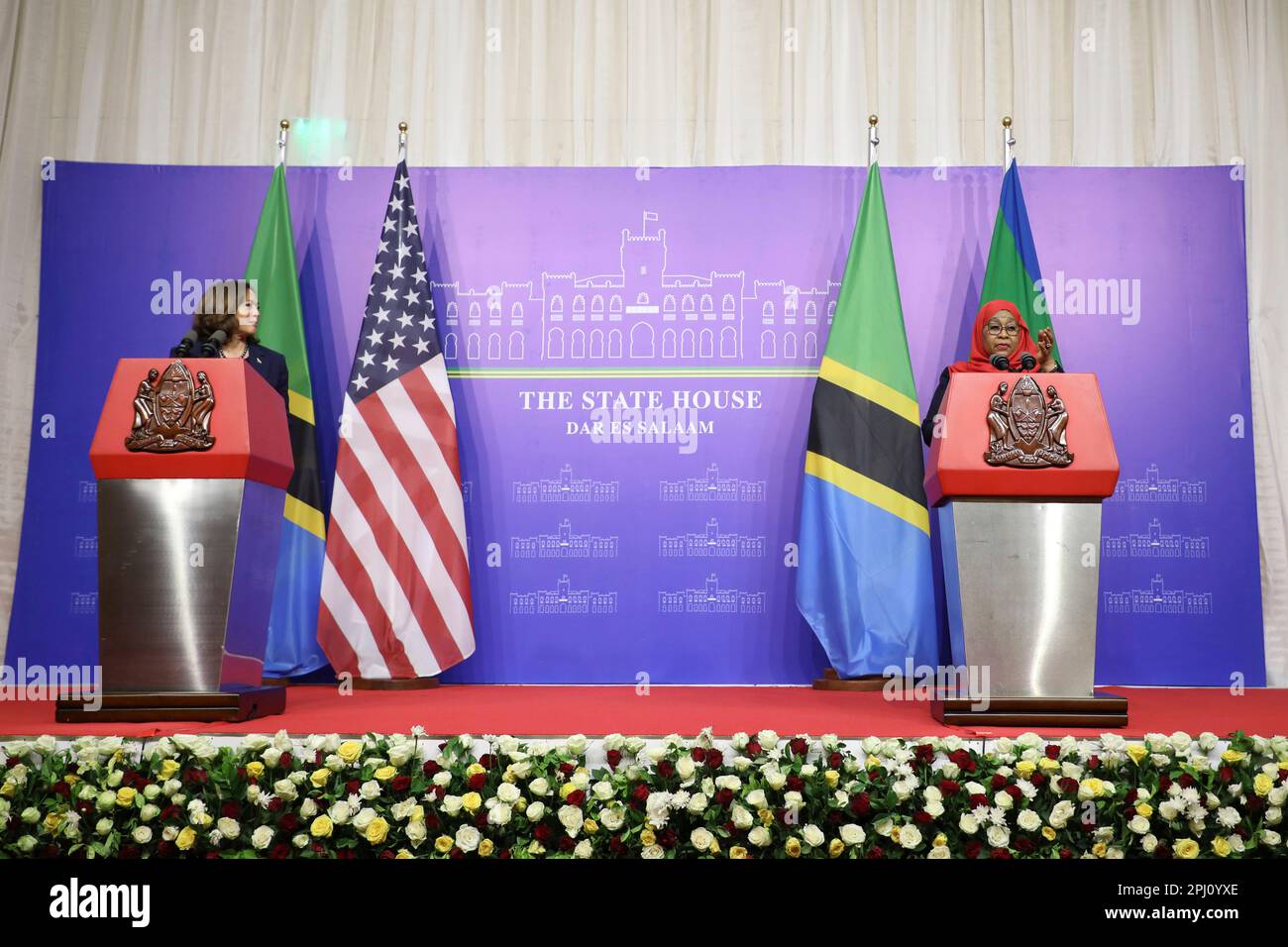 U.S Vice President Kamala Harris, left, and Tanzanian President Samia ...