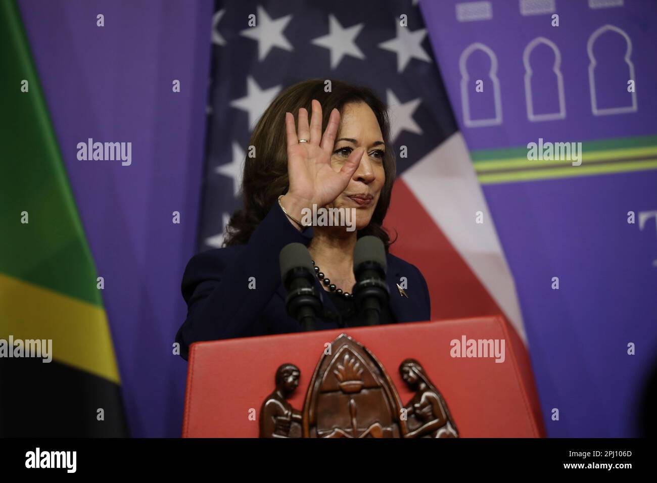 U.S Vice President Kamala Harris gestures as she addresses a news ...