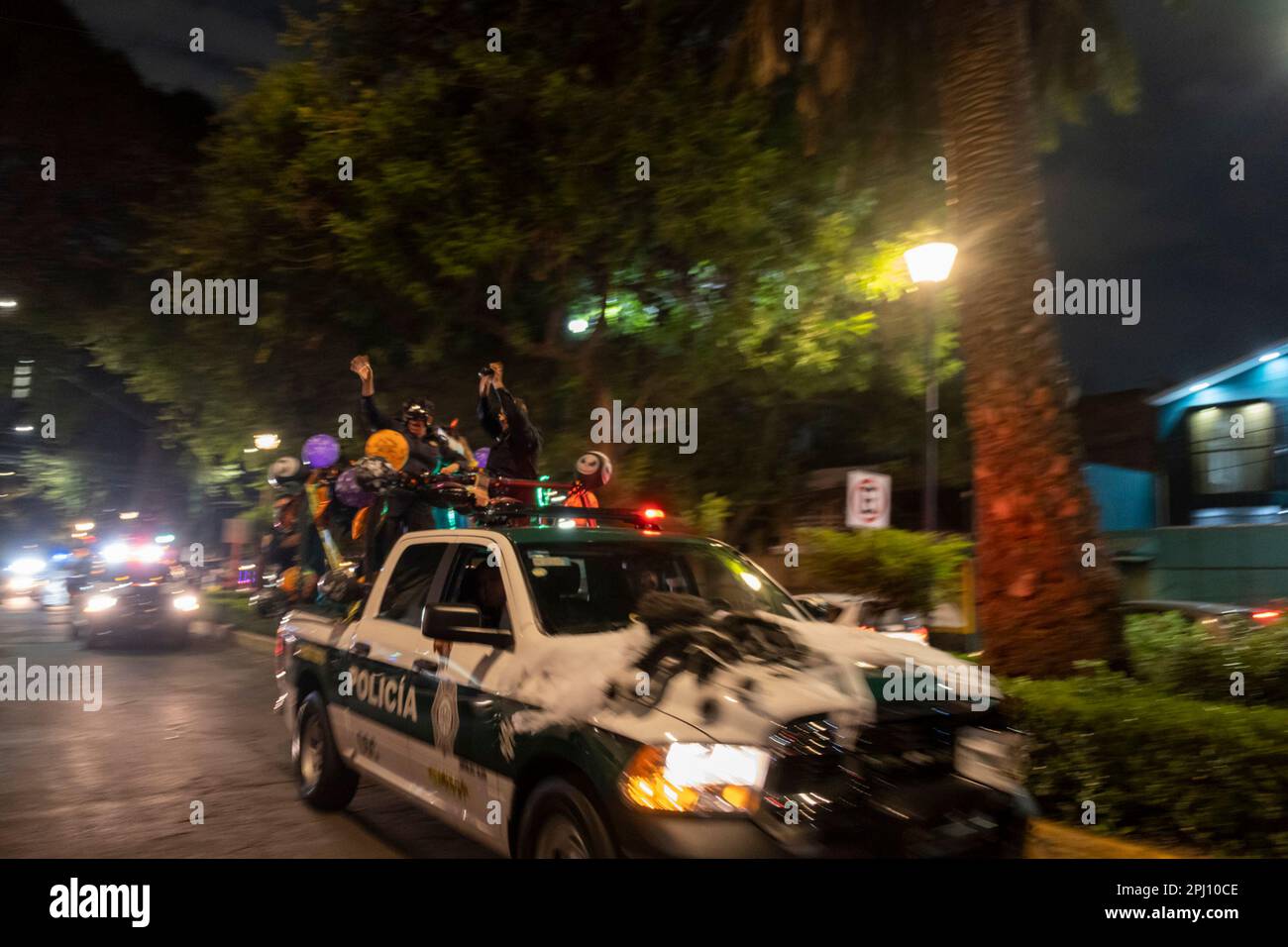 Halloween in Mexico City. A police car with Halloween decorations ...