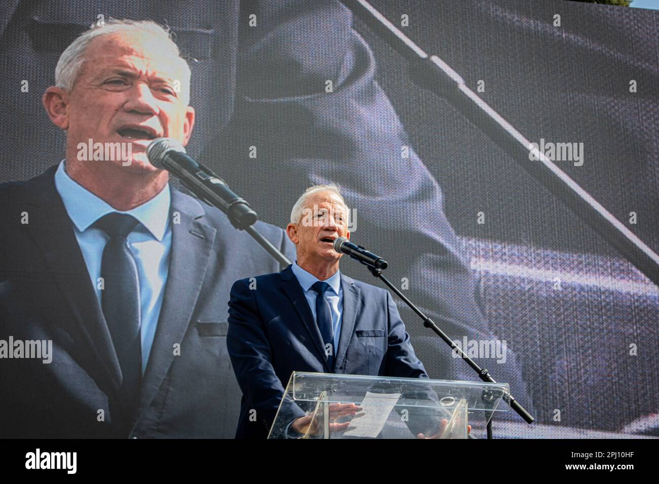 Israeli former defense minister Beni Gantz speaks during an anti reform ...