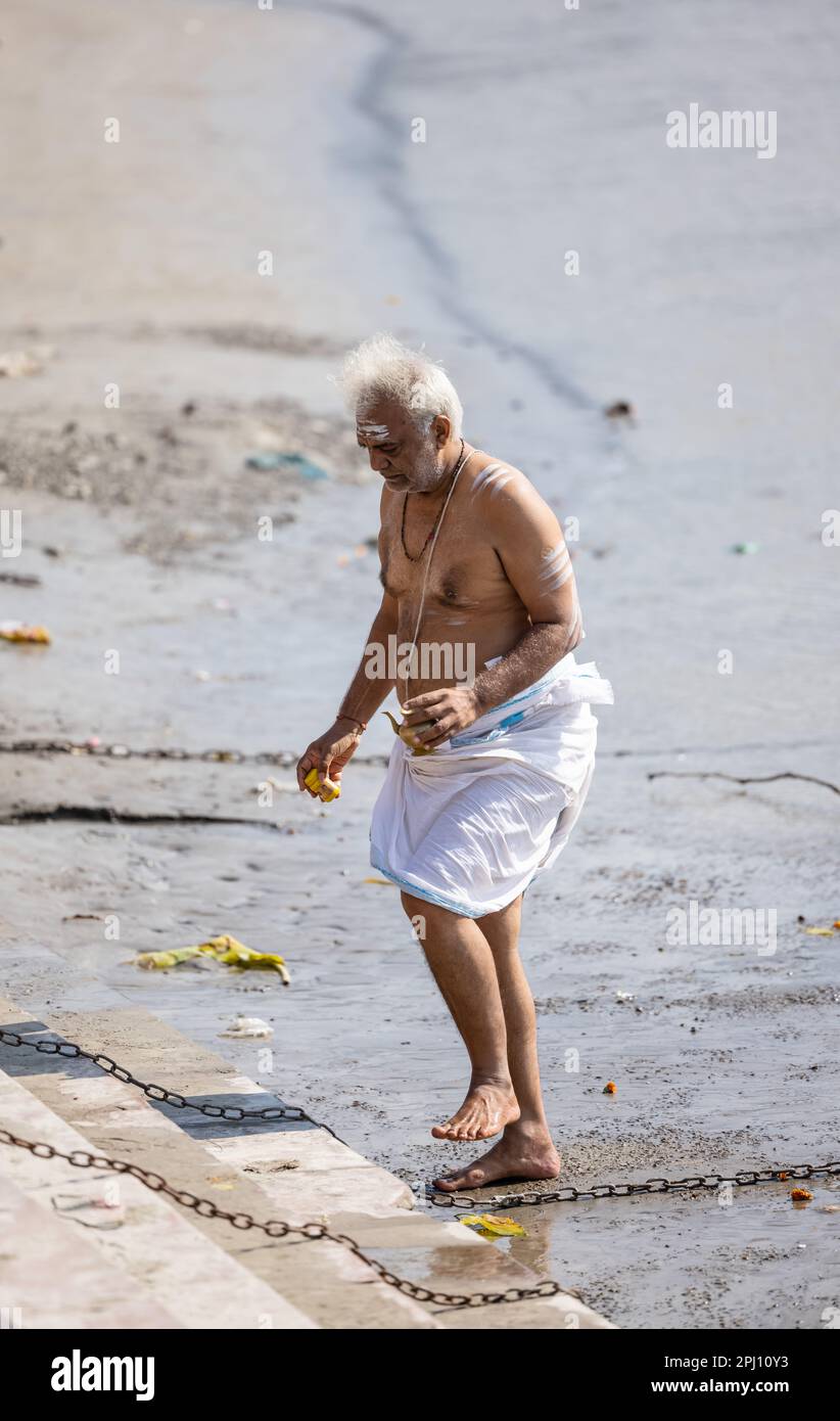 Holy Rishikesh, Portrait of unidentified old brahmin male walking near ...
