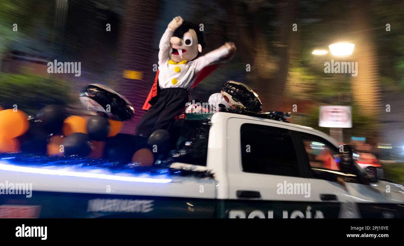 Halloween in Mexico City. A police car with Halloween decorations ...