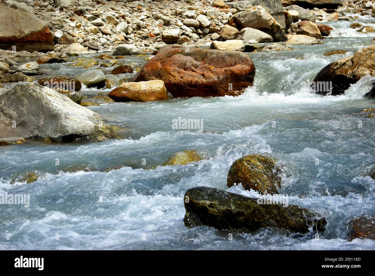 Ice cold Lachung river flowing out of glacier at Yumesamdong, Zero point,Sikkim, India. Altitude ...