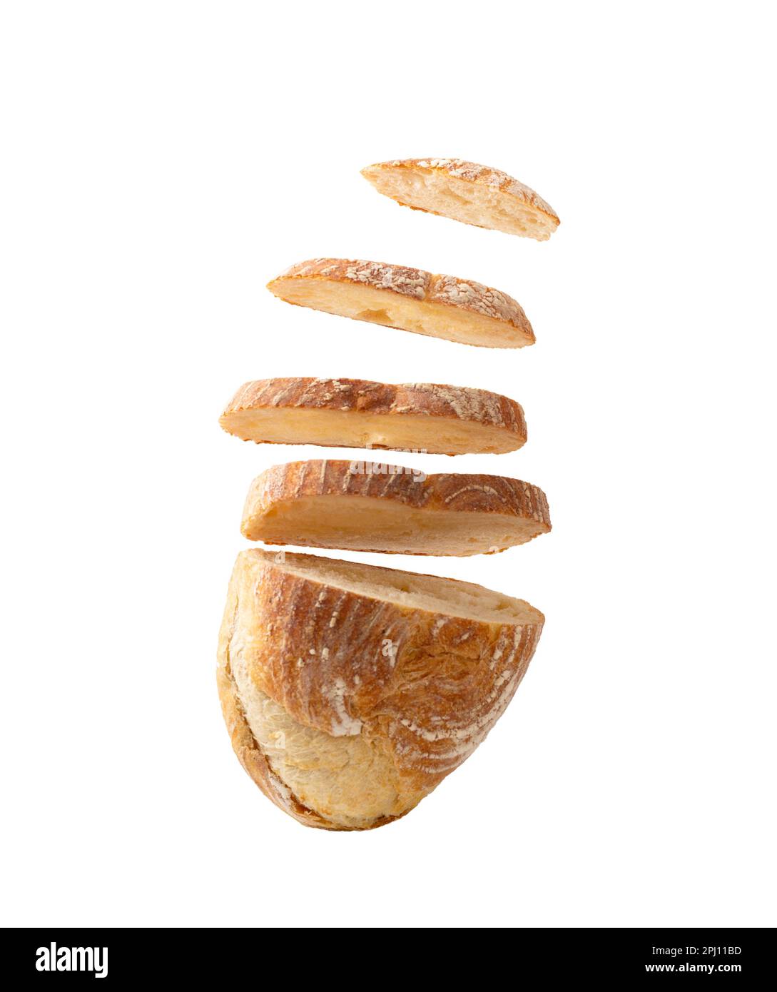 Falling sliced white wheat bread on a white background vertically ...