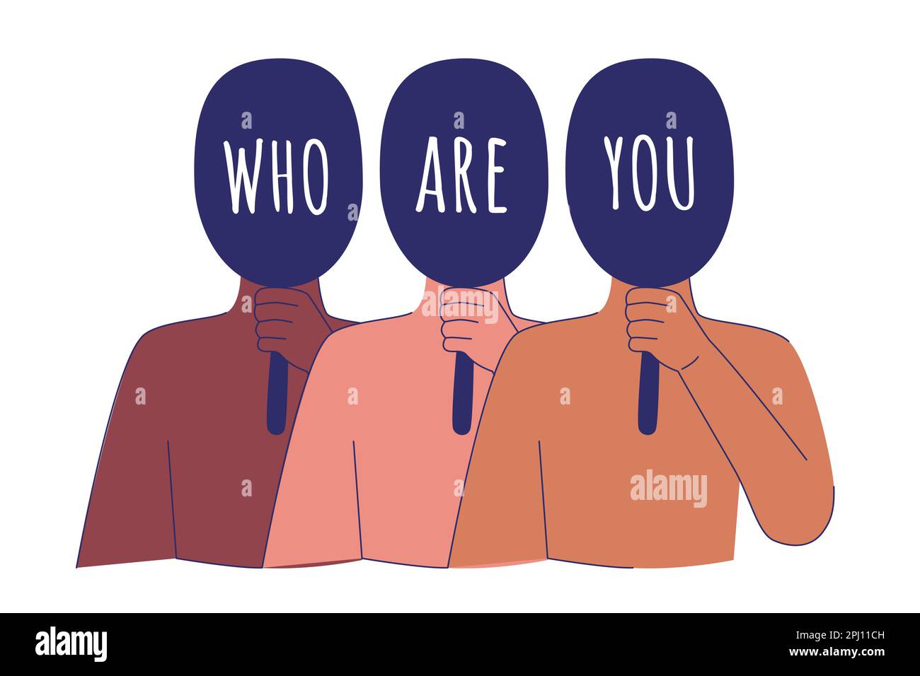 Three persons hold masks, that cover whole face. Script on mask who are ...