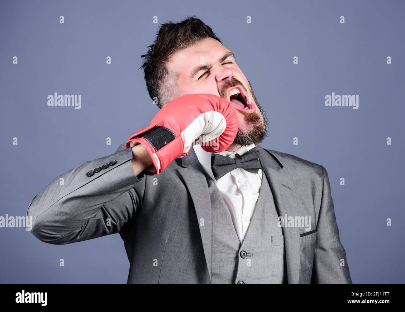 knockout and energy. Fight. bearded man in boxing gloves punching ...