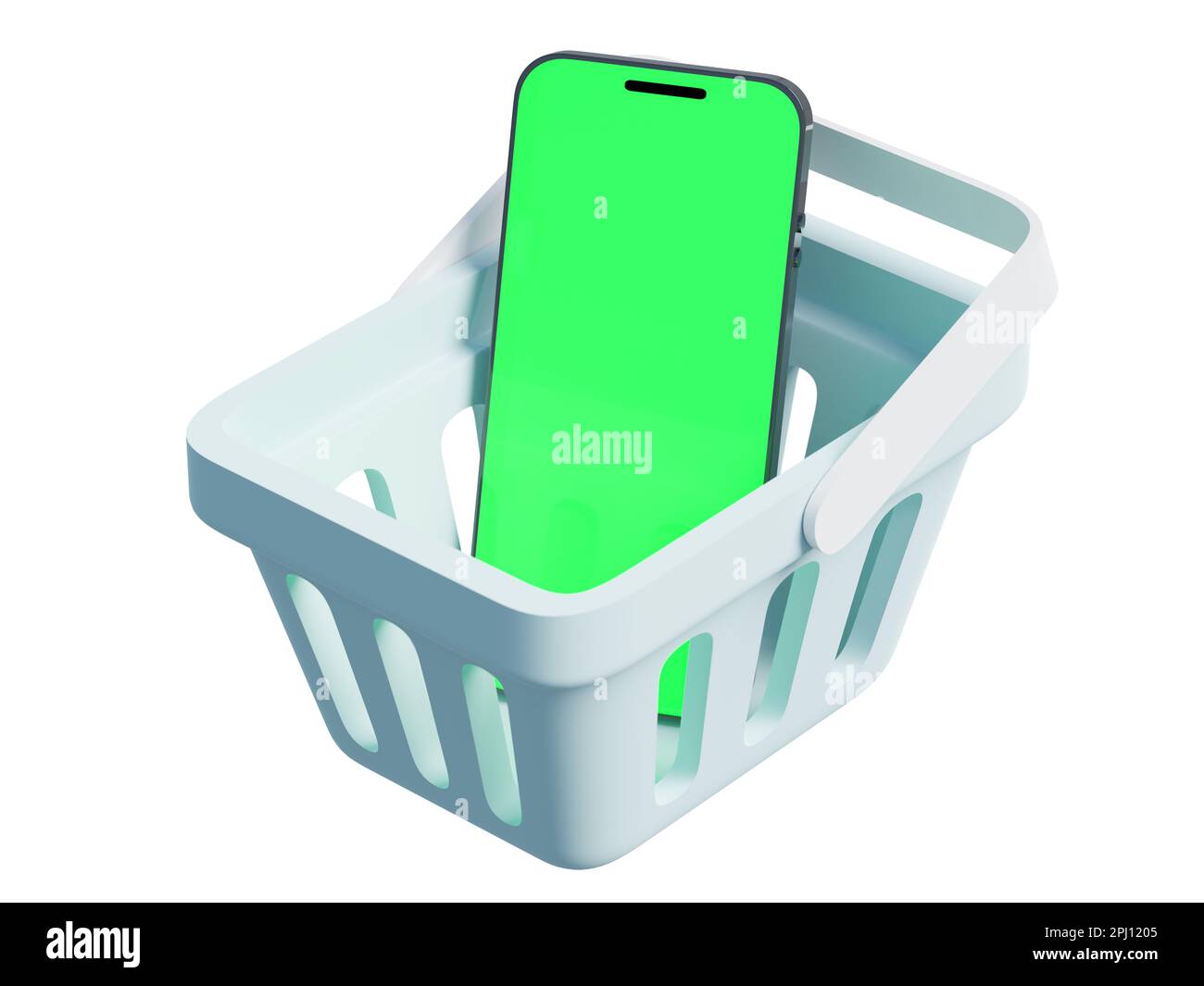 Smartphone with green chromakey screen in a shopping cart, stylized 3d ...