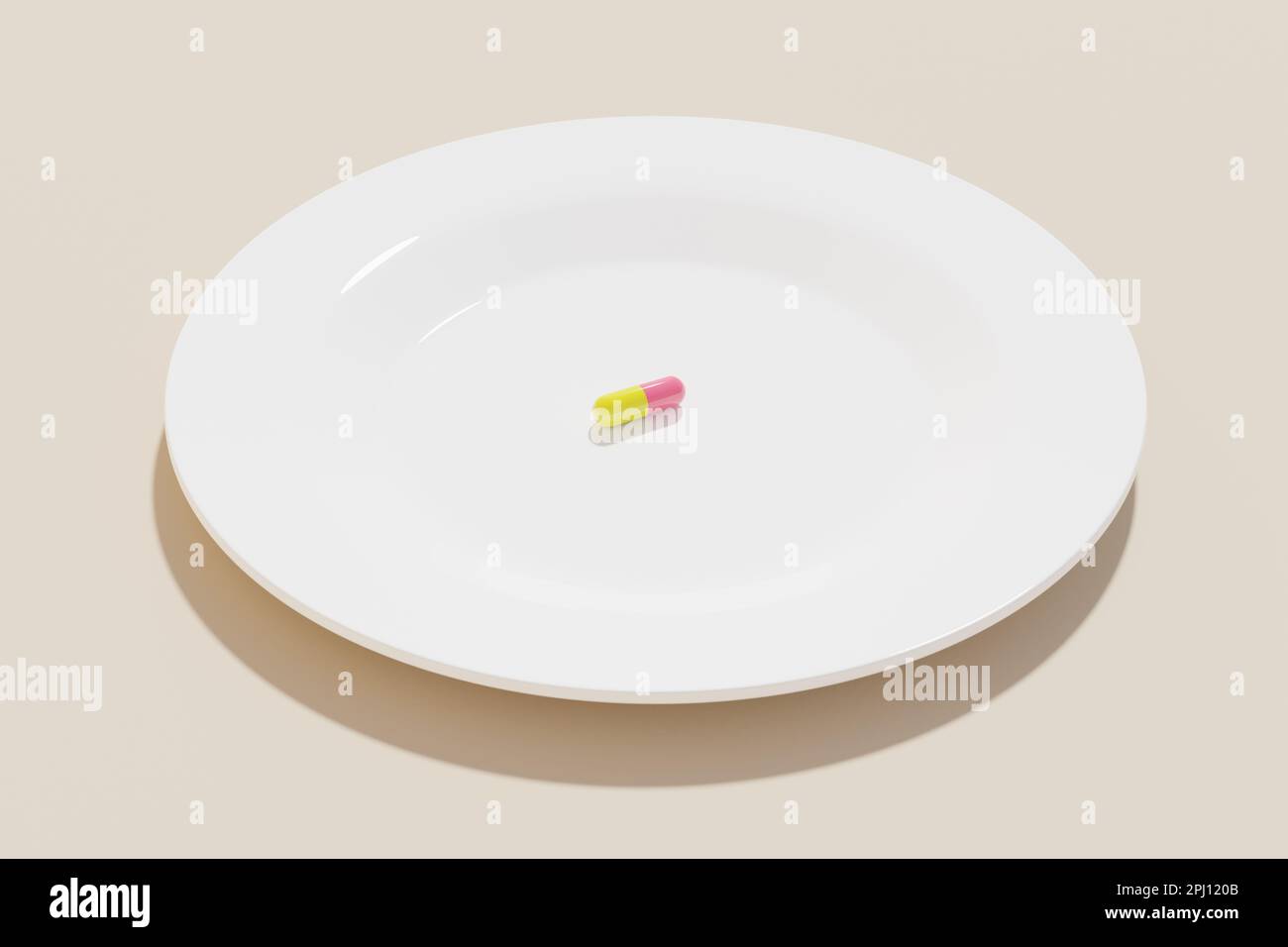 Single pill on a white plate, 3d rendering. Nutritional supplement ...