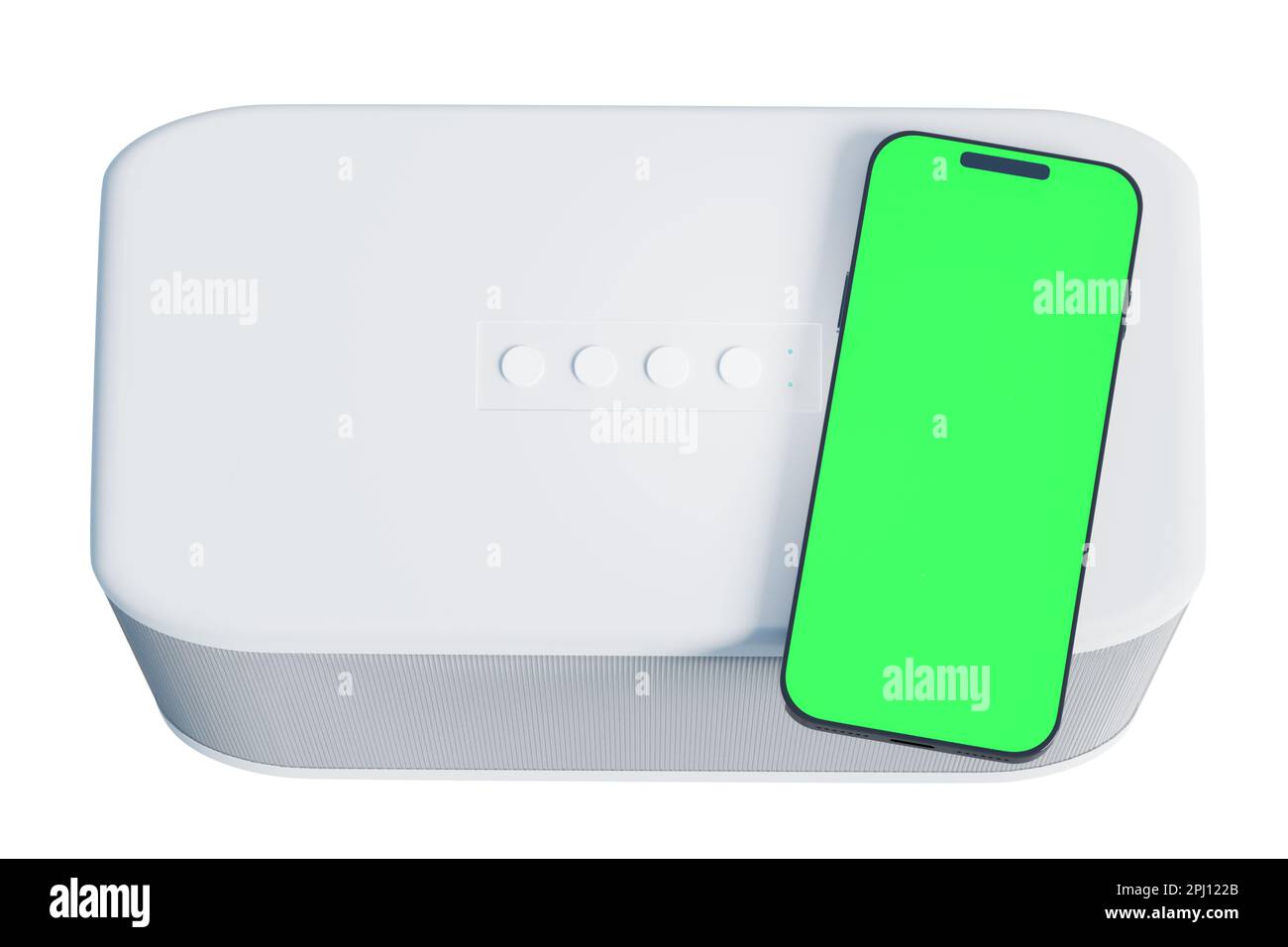 Portable wireless audio speaker system next to a modern smartphone with ...